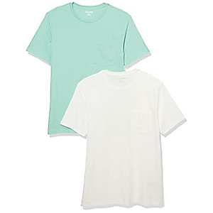 Amazon Essentials Men's Slim-Fit Short-Sleeve Crewneck Pocket T-Shirt, Pack of 2, White/Aqua Blue, Large