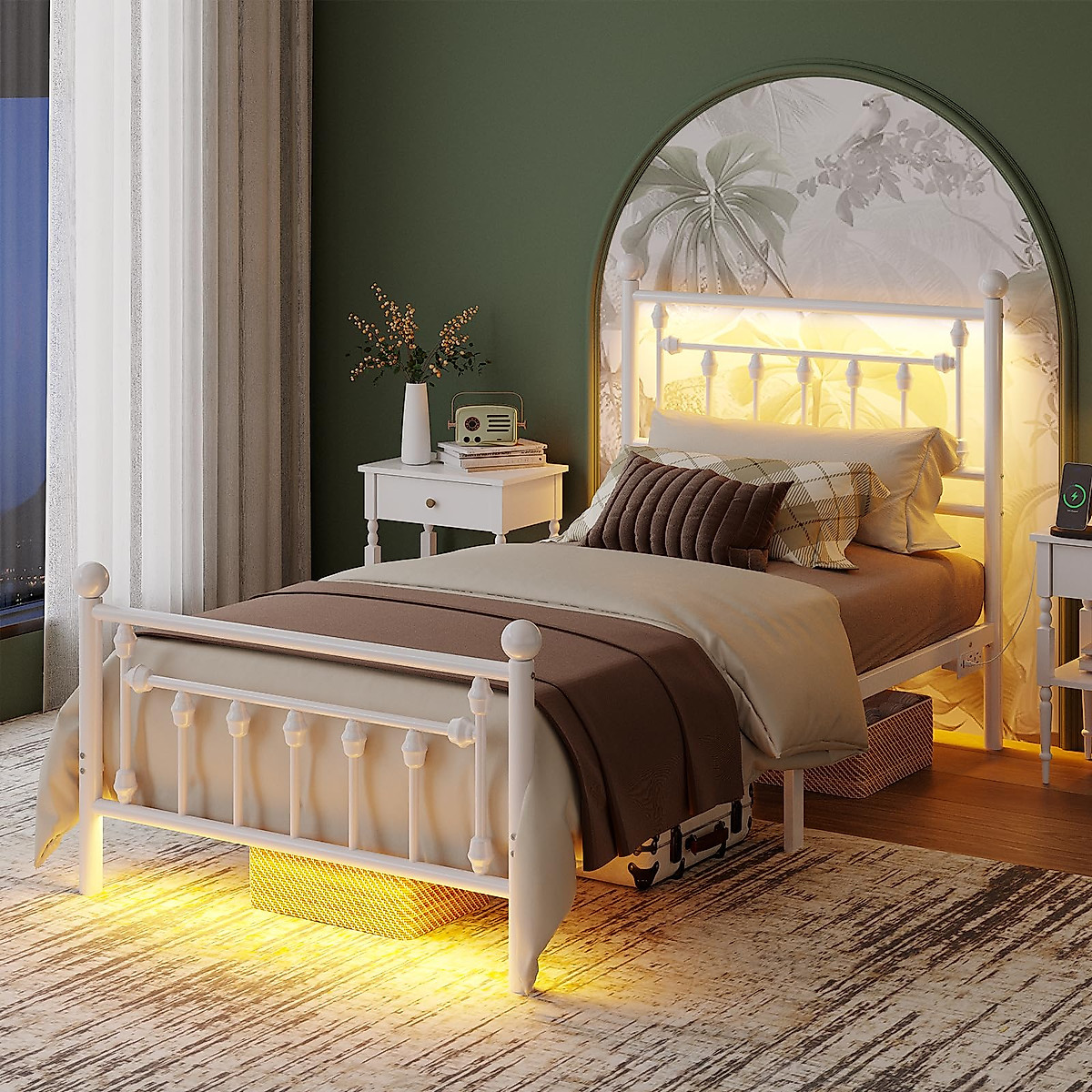 PUNICE Bed Frame Twin Size with Charging Station, LED Bed Frame with Victorian Style Iron-Art Headboard/Footboard, Under-Bed Storage, No Box Spring Needed, Easy Assembly, White