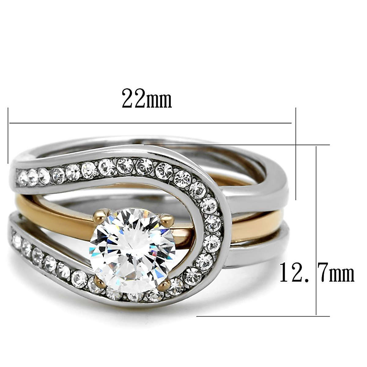 Marimor Jewelry 1 Carat Round Cut Two Toned Stainless Steel 2 Piece Wedding Ring Set Women's Size 9