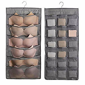 ST-BEST-P Bra and Underwear Hanging Storage Organizer Mesh Pockets Dual Sided Wall Shelves Space Saver Bag Sock Underpants Drawer Closet Clothes Rack (Gray:(6+18pockets))