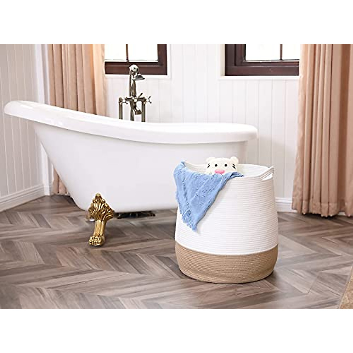 20" x 20" x 20" Extra Large Round Storage Basket, Cotton Rope Storage Baskets, Woven Laundry Hamper, Baby Toy Storage Bin, Toys Clothes Blankets Basket in Living Room, Baby Nursery, White/Jute Bottom