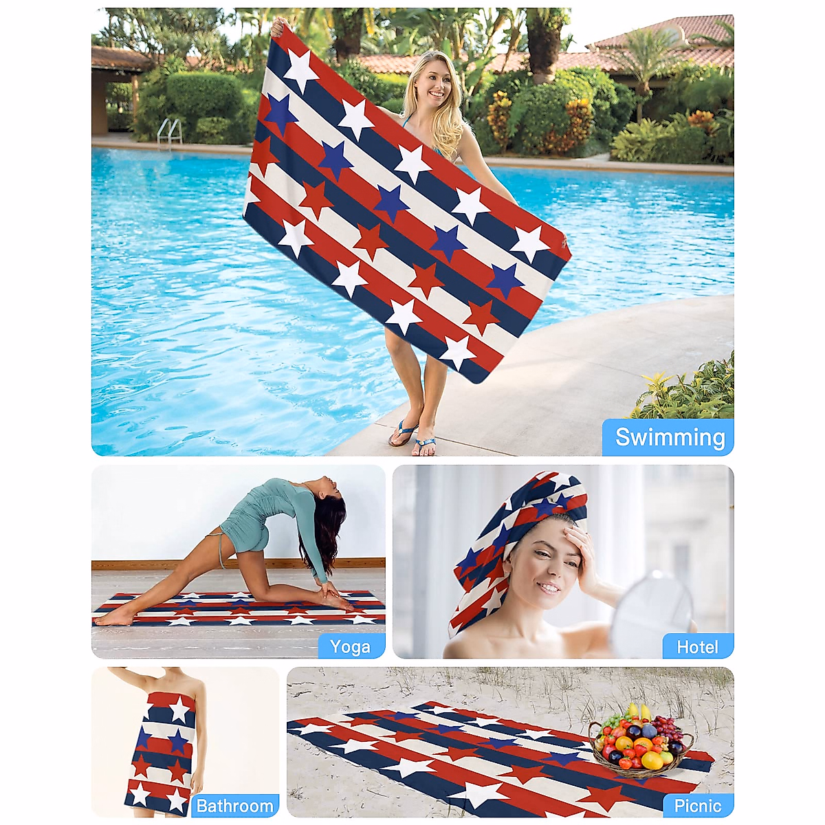 Gsypo Microfiber Beach Towel Oversized 31”x63”, Independence Day USA Falg Red Blue White Stripes Swimming Pool Towels for Adult, Absorbent Sand Free Lightweight Beach Towels for Beach Bath Yoga Hotel