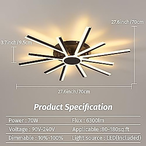 Modern LED Ceiling Light 70W Dimmable Ceiling Light Fixture with Remote Control 27.6in 12 Heads Black Flush Mount Ceiling Light Acrylic Ceiling Lamps for Living Room,Dining Room,Kitchen,Bedroom