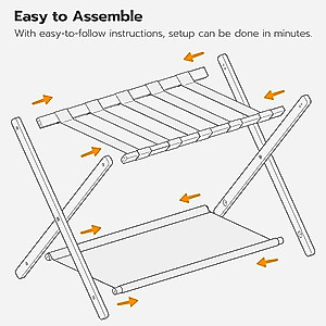 HOOBRO Luggage Rack, Folding Bamboo Suitcase Stand with Storage Shelf and Nylon Straps, 26.8" L x 17.7" W x 20" H, for Guest Room, Hotel, Bedroom, Holds up to 110 lb, Brown and Black BR07XL01