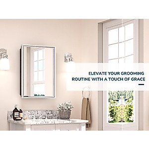 TETOTE Medicine Cabinet with Mirror 17 x 25 Inch Brushed Silver for Bathroom Aluminum Framed Surface or Recessed Wall-Mounted Medicine Cabinets Beveled Mirror with Storage 1 Door Modern Farmhouse