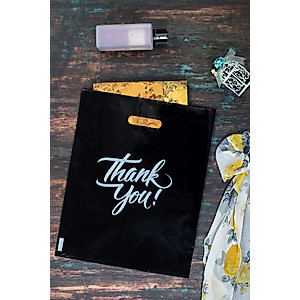Infinite Pack Black 12"x15"(100pcs) Thank You Merchandise Bags, Die Cut Handles, Retail Shopping Bags for Boutique, Goodie Bags, Gift Bags Bulk, Favors, 1.75 Mil Reusable Plastic Bags