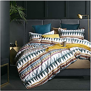 Bohemian Duvet Cover Striped Ethnic Boho Reversible Southwestern 400TC Cotton Bedding 3pc Set Navy White Orange Modern Geo Aztec Print (Teal Rust, King)