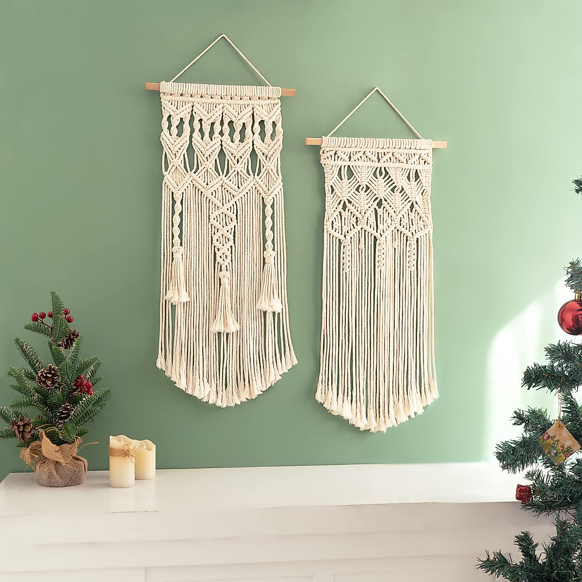 Mkono 2 Pcs Macrame Woven Wall Hanging Boho Chic Geometric Art Decor - Beautiful Bedroom Nursery Apartment Home Decoration, Gift for Girls Adults Birthday, 28" L x 13" W