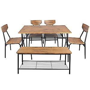 AKVOMBI Dining Table Set for 6 with Bench, Kitchen Table and Chairs Set, Dinning Room Table with Storage Racks, Rectangular Table, 4 Chairs, Steel Frame, Brown