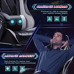 Shahoo Gaming Chair with Footrest and Massage Lumbar Support, Ergonomic Computer Seat Height Adjustable with 360°Swivel and Headrest, White