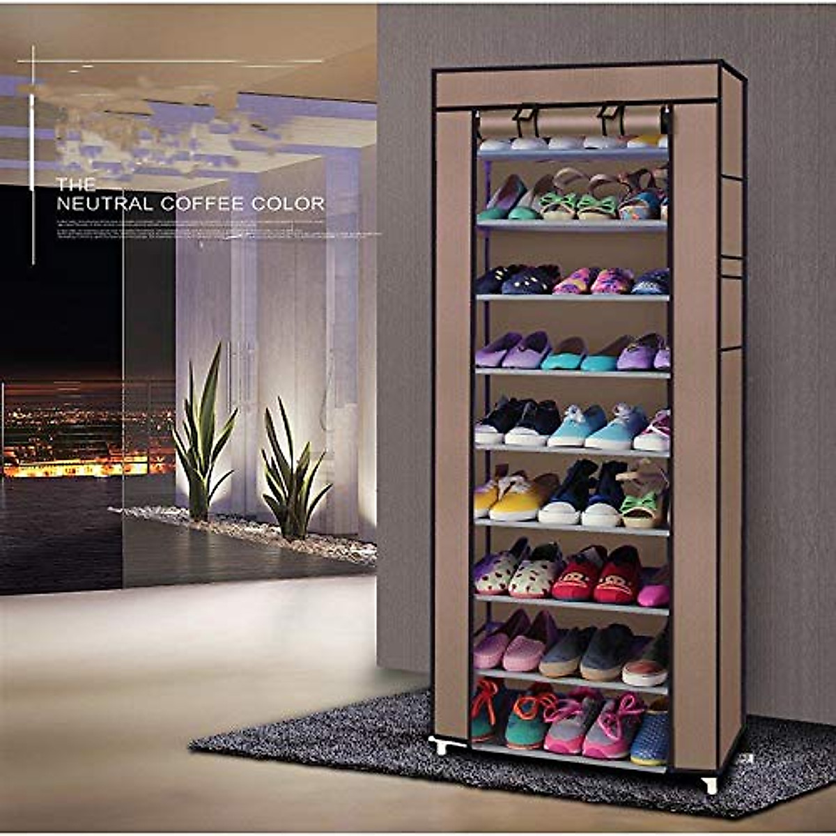 WINGOOD Room-Saving 9 Lattices 10 Tiers Non-Woven Fabric Shoe Rack Shoes Organizer (Coffee)