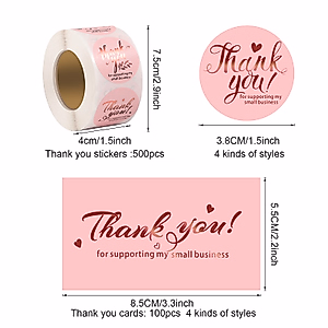 600 Pieces Thank You Cards and Stickers Set Pink Gold Foil Thank You For Supporting My Small Business Cards and Sticker Set for Retail Store Package Insert Envelope Seals Business Owner Sellers