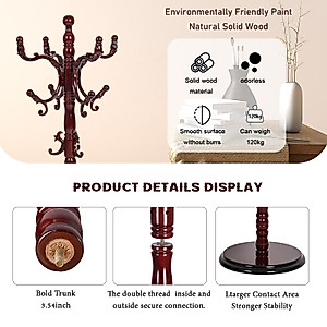Zacammy Heavy Coat Rack Freestanding, Natural Wood Hall Tree, Adjustable Height 73in and Versatile 14 Hooks for Entryway, Porch, Living Room, Bedroom, Home Office (Rosewood)