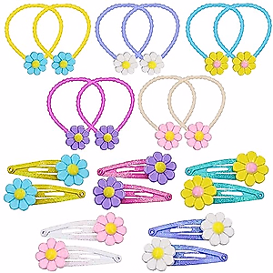 PinkSheep Flower Hair Accessory for Toddler Baby Girls 10Pack/20PCS Clips and Hair Ties for Kids Cute Hair Clips Metal Snap Barrettes Hair Ties Soft Rubber Bands Colorful For Baby Girl