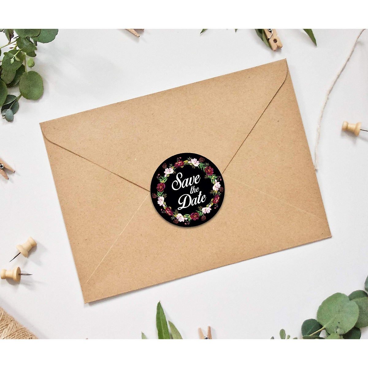 Darling Souvenir 45 Pcs Floral Wreath Black Round Save The Date Stickers Envelope Seals-1.6 Inches