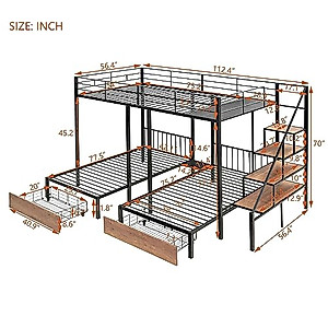 ATY L-Shaped Triple Bunk Beds with 2 Drawers, Full Over Twin & Twin Bunkbeds w/Storage Staircase, Metal Bedframe for 3 People, Save Space, Bedroom & Dorm Supplies, No Spring Required Needed, Black