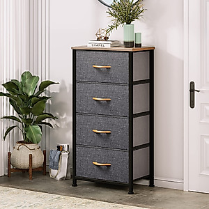 DWVO 4 Drawers Dresser, Small Dresser for Bedroom, Fabric Storage Tower, Chest of Drawers, Organizer Unit for Closets, Living Room, Sturdy Steel Frame, Wooden Top, Easy Pull Handle