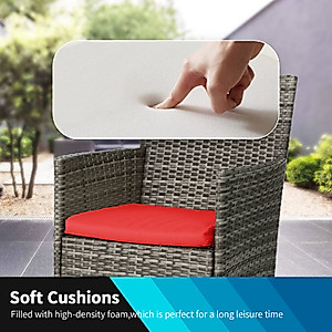 FDW 3 Piece Outdoor Furniture Set Patio Gray Wicker Chairs Furniture Bistro Conversation Set 2 Rattan Chairs with Red Cushions and Glass Coffee Table for Porch Lawn Garden Balcony Backyard