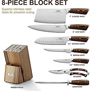 Aroma House 8-Piece Chef Cleaver Knife Set with Block,Professional Kitchen Knife Set, High Carbon German Stainless Steel Kitchen Knife with Ergonomic Handle for Home,Kitchen & Restaurant.