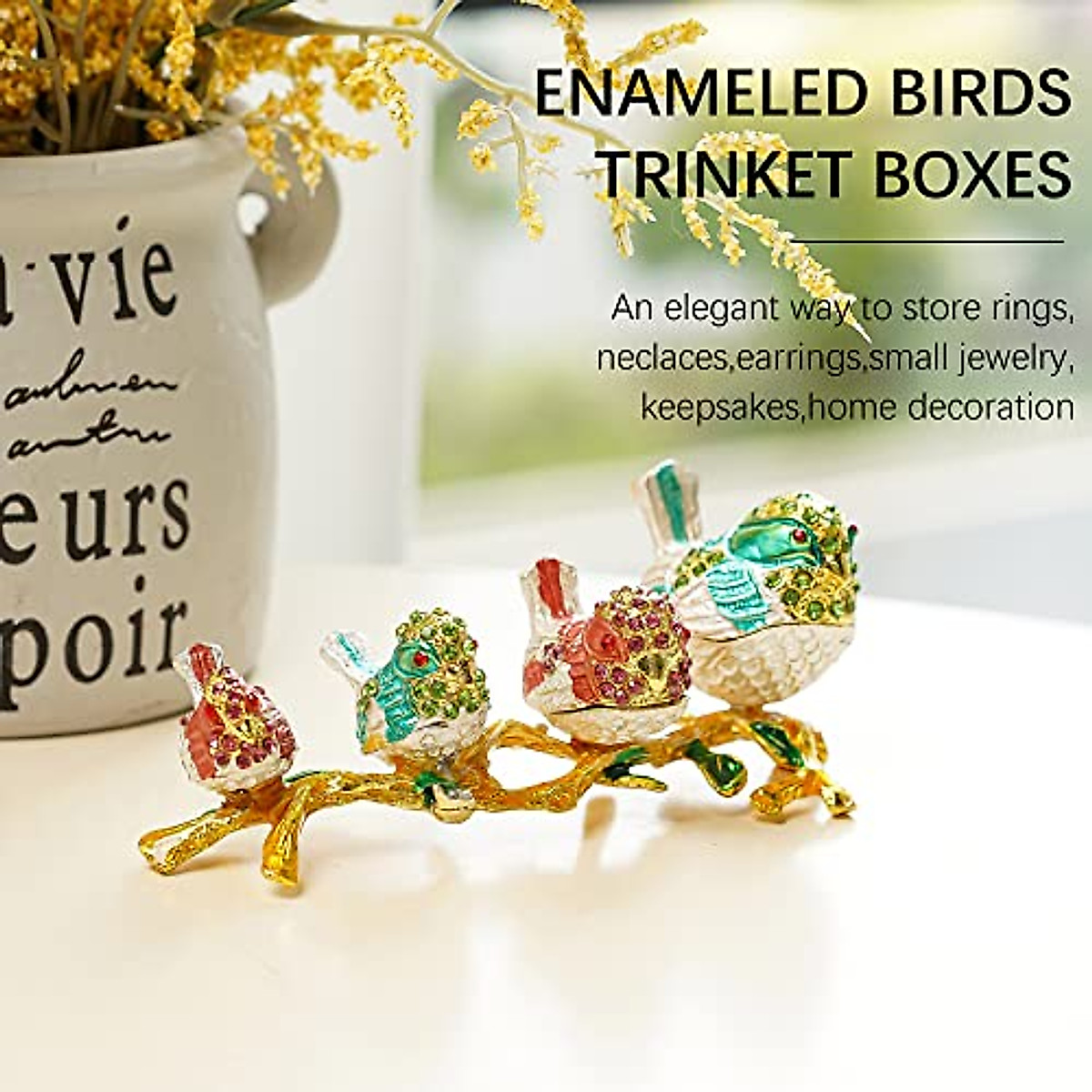 YU FENG Hand Painted Enamel Four Birds Trinket Box Hinged Jewelry Organizer with Crystals Ring Earrings Storage Colorful Animals Figurine Collectibles Home Decor Art