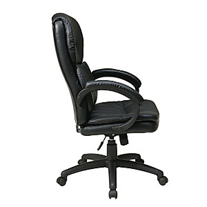 Office Star EC Series Executive Bonded Leather High Back Adjustable Office Chair with Thick Padded Contour Seat and Padded C Armrests, Black