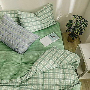 Lurson 100% Cotton Checker Geometric Duvet Cover Set Twin Size Aqua Light Green Reversible Plaid Bedding Comforter Cover Ultra Soft Grid Simple Quilt Cover with Zipper Closure Corner Ties