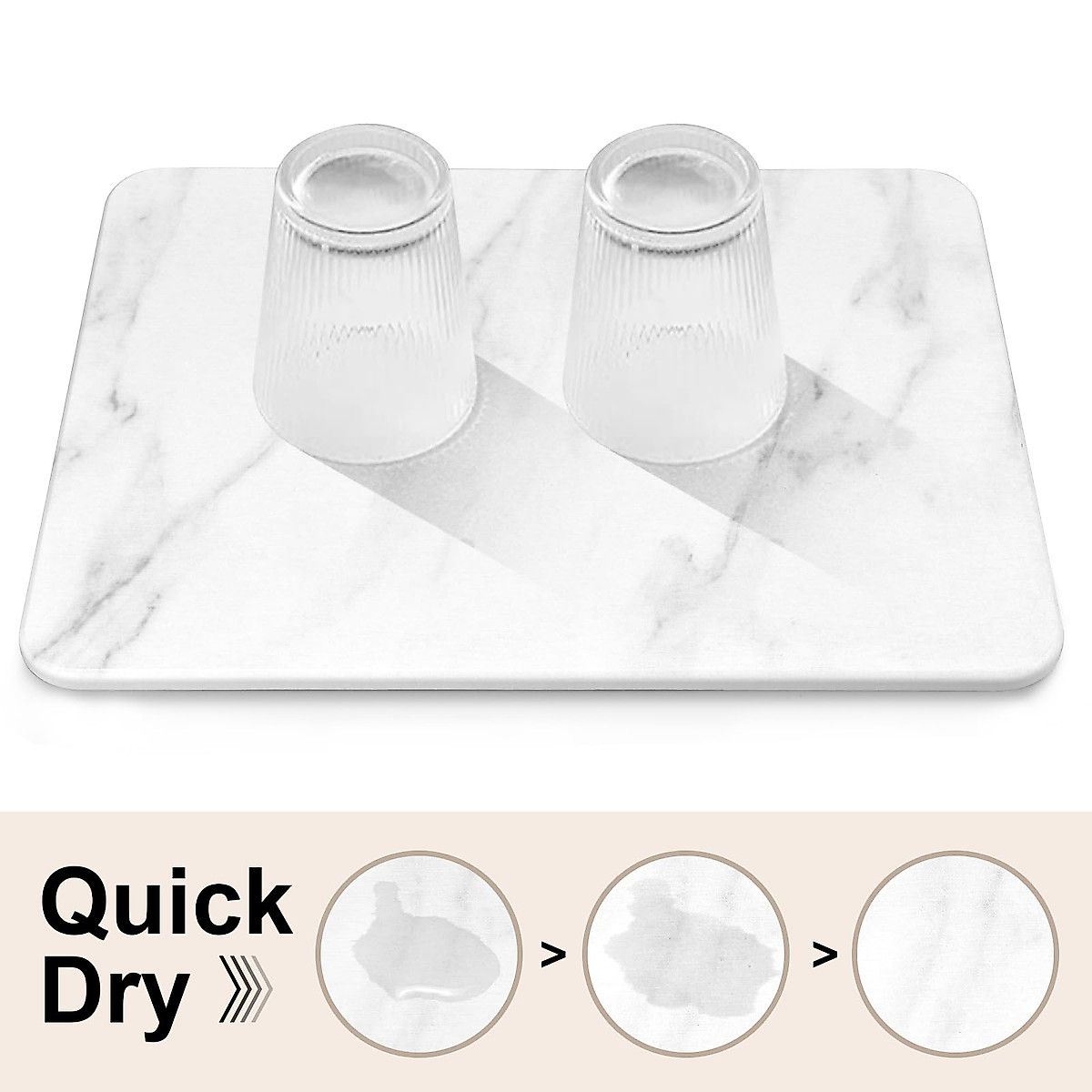 Stone Dish Drying Mat for Kitchen Counter, Quick Dry, Super Absorbent Dish Drying Mat, Eco-Friendly Diatomaceous Earth Mat for Dishes Bottles Cups(16x12 Inch, White Marble)