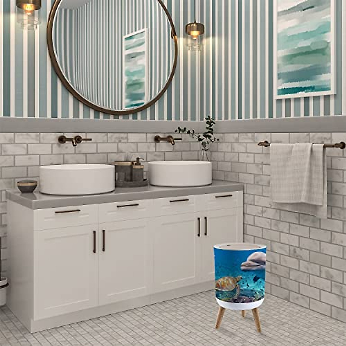 Small Trash Can with Lid Dolphin and Turtle Underwater on Reef 7 Liter Round Garbage Can Elasticity Press Cover Lid Wastebasket for Kitchen Bathroom Office 1.8 Gallon