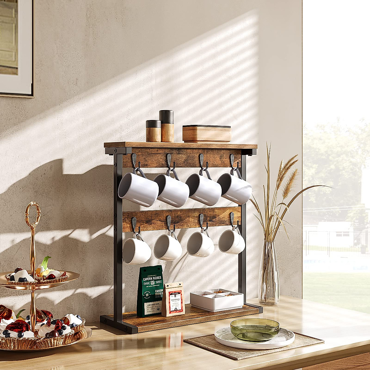 YATINEY Coffee Mug Holder for Counter, 2 Tier Mug Tree Rack, with 8 Hook and 2 Open Shelves, Vintage Mug Holder Stand for Home Kitchen, Rustic Brown MH43BR