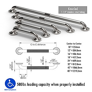 AmeriLuck Grab Bar with Knurled Anti-Skid Grip, ADA Compliant 500lbs Supporting, Stainless Steel Brushed Nickel (12in, 1PK)
