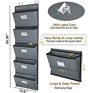 VAKMRVE Over the Door Hanging File Organizer 5 Extra Large Pockets Wall Hanging File Folders Organizer Holders,Home Office Supplies Storage Pocket Chart for Paper Mails Planners Notebooks,Gray
