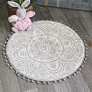 HAOCOO Bohemian Round Rug 2ft, Non-Slip Circle Rug with Pom Poms Fringe Gray Small Rug,Soft Velvet Washable Bathroom Rugs Mandala Floor Mat Carpet for Sink Bedroom Nursery Decor