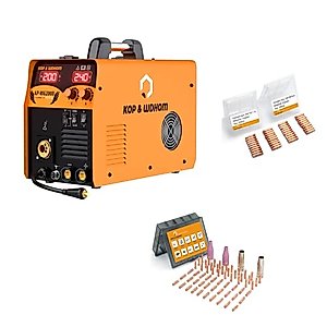 Mig Aluminum Welder 200Amp Gas/Gasless/Lift TIG/Stick Dual Voltage Welder and 62pcs MIG Torch Contact Tips for MIG Welder Gun and 40pcs Accessory Kits .030"-035" Tip Nozzle