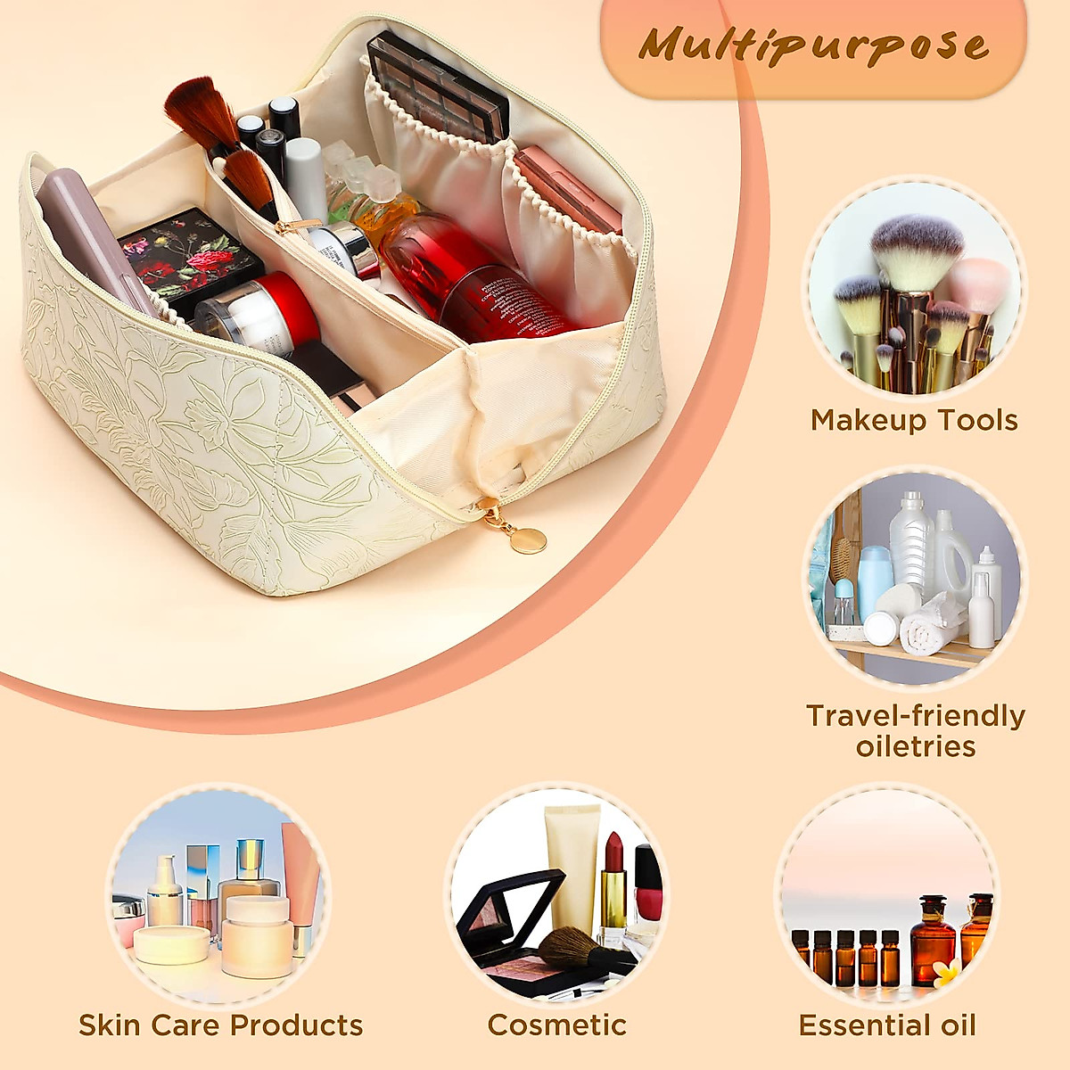 Large Capacity Travel Cosmetic,Makeup Bag Portable PU Leather Waterproof Flat Open Storage Bag with Handle Skincare Toiletry Bag for Women Graduation Gifts (White Embossed)