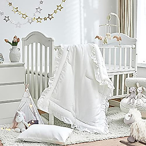 3 Pieces Crib Bedding Set Baby Ruffle Quilted Comforter with Fitted Sheet and Pillow - Cute Ruffled Shabby Chic Bedding Soft Blanket Design White