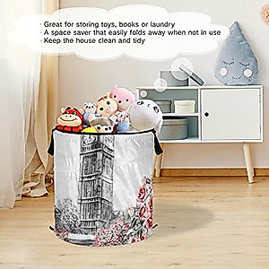 London Big Ben Rose Pop Up Laundry Hamper With Lid Foldable Laundry Basket With Handles Collapsible Storage Basket Clothes Organizer for Home College Dorm Camping