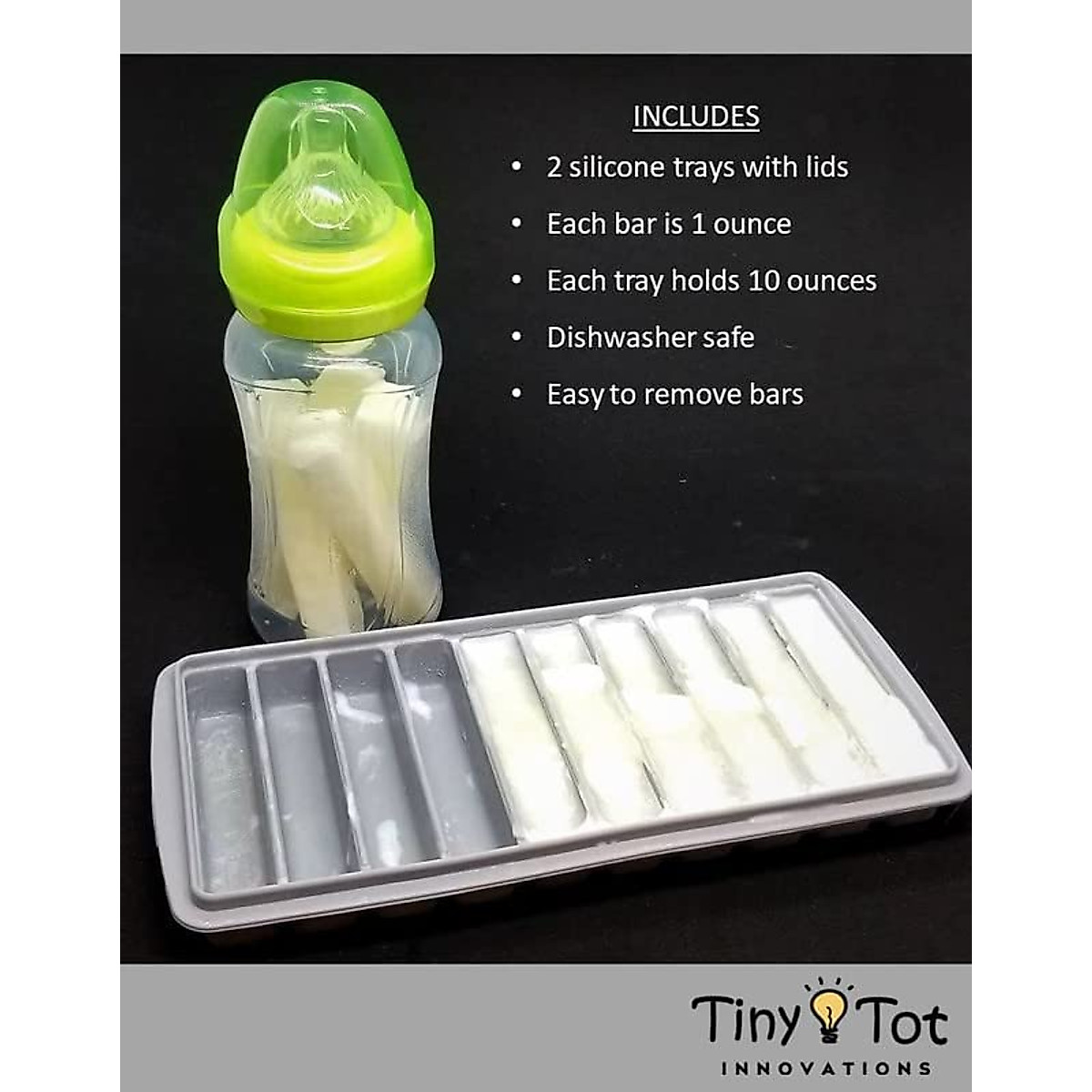 Breast Milk Freezer Storage Trays, 10-1oz Bars, 2 Silicone Tray Containers w/Leak Resistant Lids, Food Grade Silicone (Milk Trays)