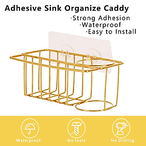 blueden 3-in-1 Adhesive Sink Caddy Kitchen Sink Organizer,Stainless Steel Sponge and Brush Holder for Kitchen Sink,Suitable for Sponges,Dish Cloth,Scrubbers, Soap, Kitchen, Bathroom.Gold