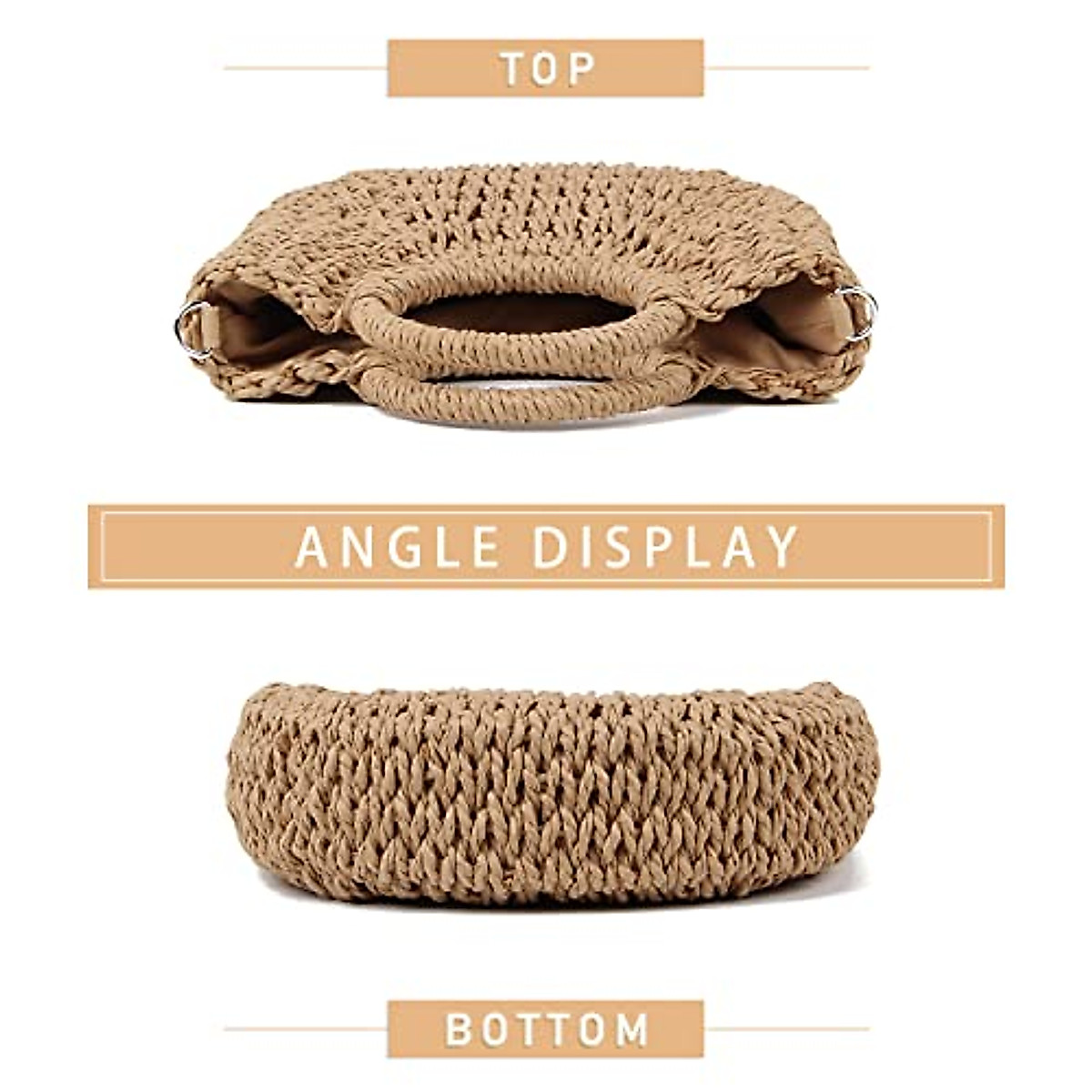 KUANG! Women Straw Beach Tote Handbag Hobo Round Handle Summer Handwoven Bags Small Purse with Strap