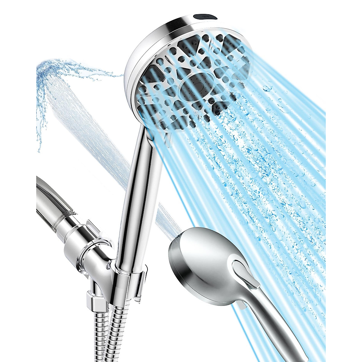 High Pressure Shower Head With Handheld 7 Settings, 5" High Power Hand Held Rain Showerhead with Stainless Steel Hose and Adjustable Bracket
