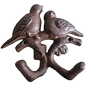 Comfy Hour 4.45" Cast Iron Double Birds Two Key Coat Hooks Wall Hanger Clothes Rail Set, Heavy Duty, Rustic Recycled, Brown, Antique & Vintage Collection