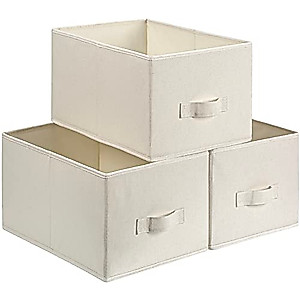 Large Fabric Storage Bins for SheIves, 16.9"D x 11.8"W x 8.26"H Odorless & Sturdy Closet Bins, Collapsible Cotton Linen Bins for Organizing Clothes, Toys, Books - 3 Pack, Beige