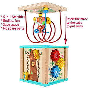 TOWO Wooden Activity Cube Beads Maze -5 Activities Roller Coaster Abacus Cog Wheels Gears Clock Zig Zag Slide-Early Educational Toys for Baby -Educational Wooden Toys for 1 Year Old Montessori Toys