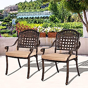 OKIDA 2 Piece Outdoor Dining Chairs, Cast Aluminum Chairs with Armrest, Patio Bistro Chair Set of 2 for Garden, Backyard (Mesh Design with Khaki Cushion)
