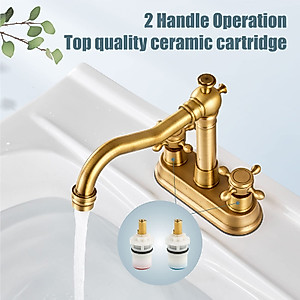 Aolemi Antique Brass 4 Inch Centerset Deck Mounted Bathroom Sink Faucet Vintage with 2 Cross Handles RV Mixer Tap Basin Vanity Lavatory Utility for Sink 3 Hole Include Water Hose & Pop Up Drain