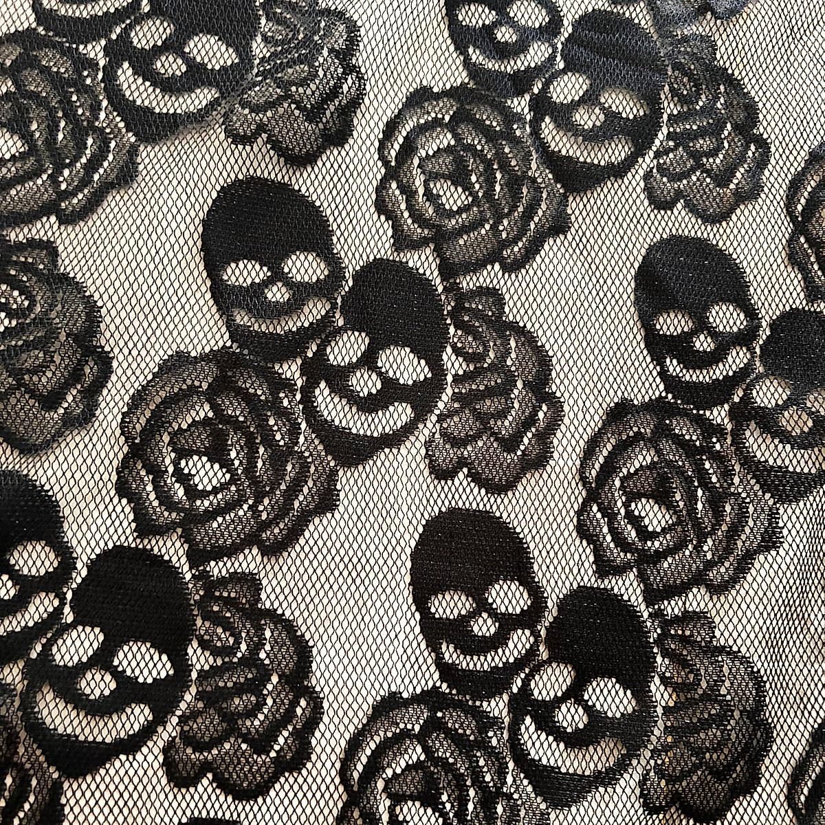 59 Inch Black Skull Lace Fabric, Rose Floral Lace for DIY Party Covers, Curtains, Tablecloths, Halloween Decorations (Black, 1 Yard (59 x 35 in))