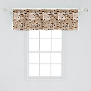 Ambesonne Coffee Window Valance Pack of 2, Coffee Words Different Typographies Beans Cups on Abstract Vintage Backdrop, Rod Pocket Curtain Valances for Kitchen Bedroom, 54" X 18", Brown Black