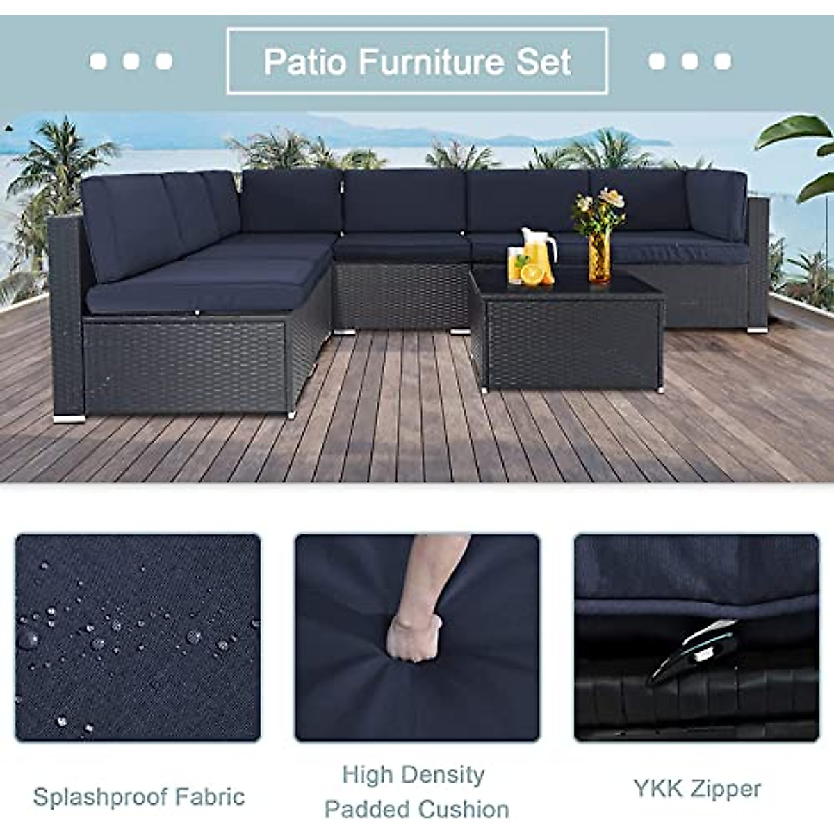 Crownland 7-Piece Outdoor Patio Furniture Sets, All-Weather Black Wicker Rattan Sectional Sofa, Modern Glass Coffee Table and Washable Seat Cushion with YKK Zipper (Dark Blue)