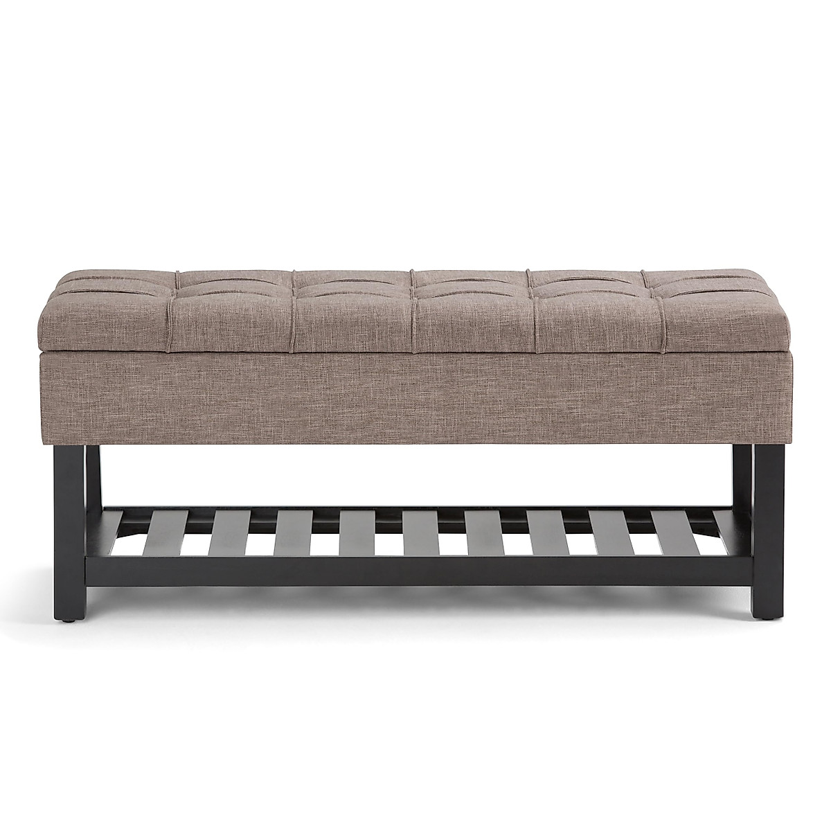 SIMPLIHOME Saxon 43 Inch Wide Transitional Rectangle Storage Ottoman Bench in Fawn Brown Linen Look Fabric, For the Living Room and Bedroom