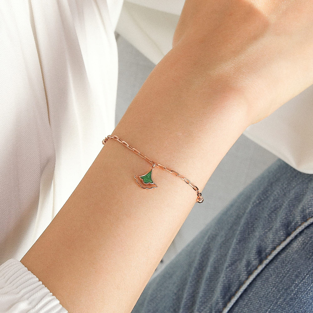 CHOW SANG SANG Delicate Gold 18K Rose Gold Enamel Gingko Leaf Bracelet, Necklace for Women 92255B 92255N (Bracelet)